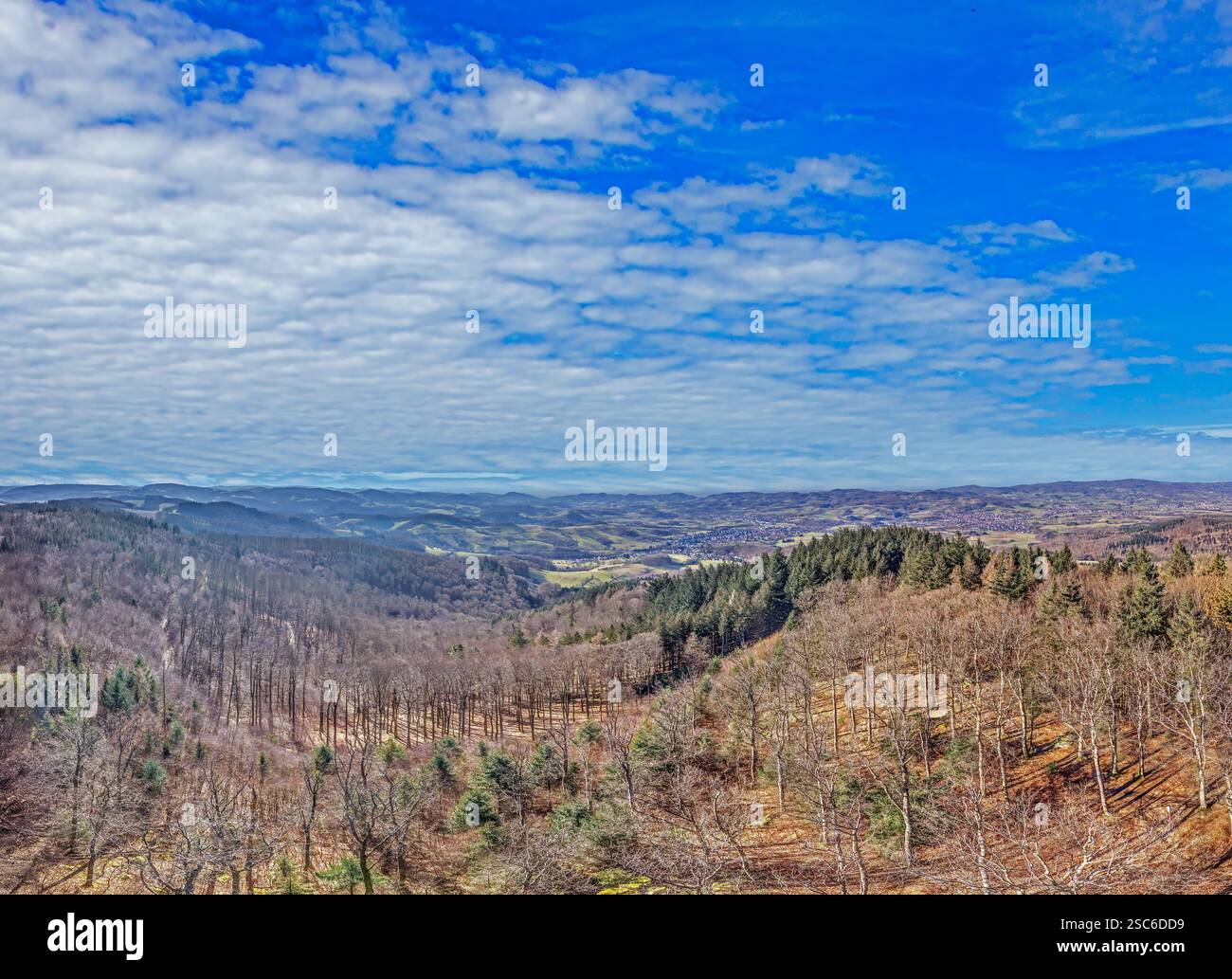 Panoramic view from Tromm observation tower in Odenwald towards the ...