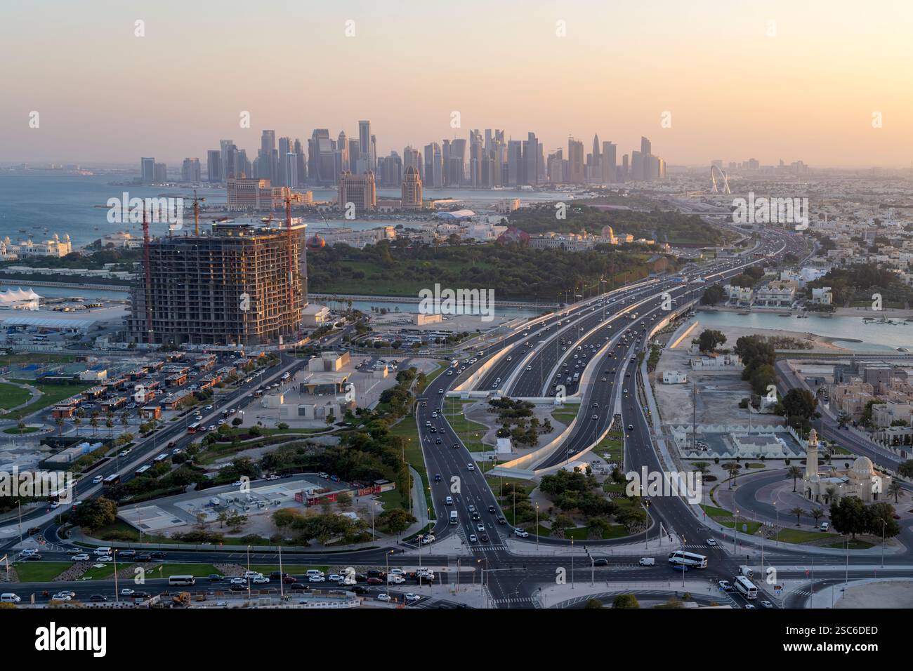 Aerial View of Doha Skyline from Lusail. Katara Lusail express way Doha ...
