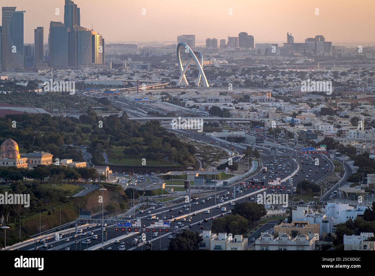 Aerial View of Doha Skyline from Lusail. Katara Lusail express way Doha ...