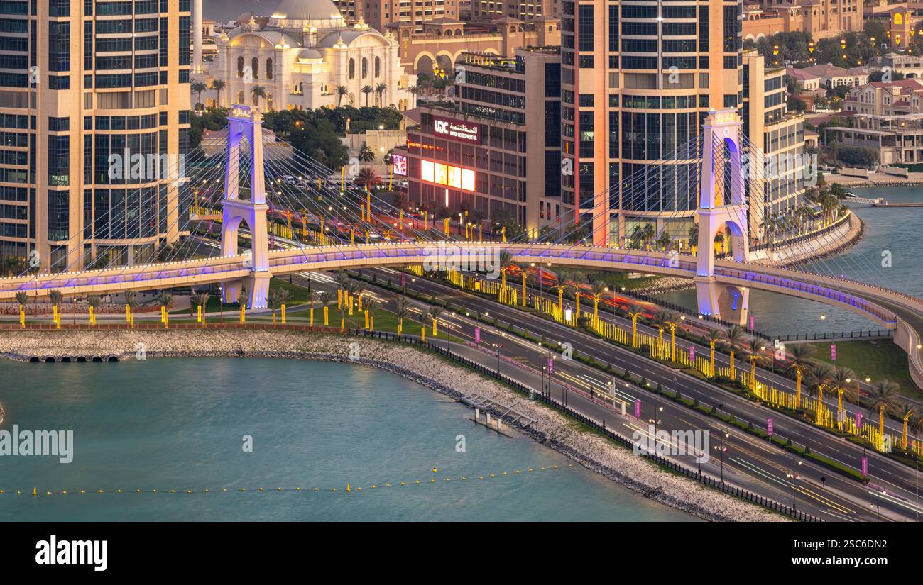 Panoramic aerial view of Gewan Island Bridge Pearl Qatar Doha City ...