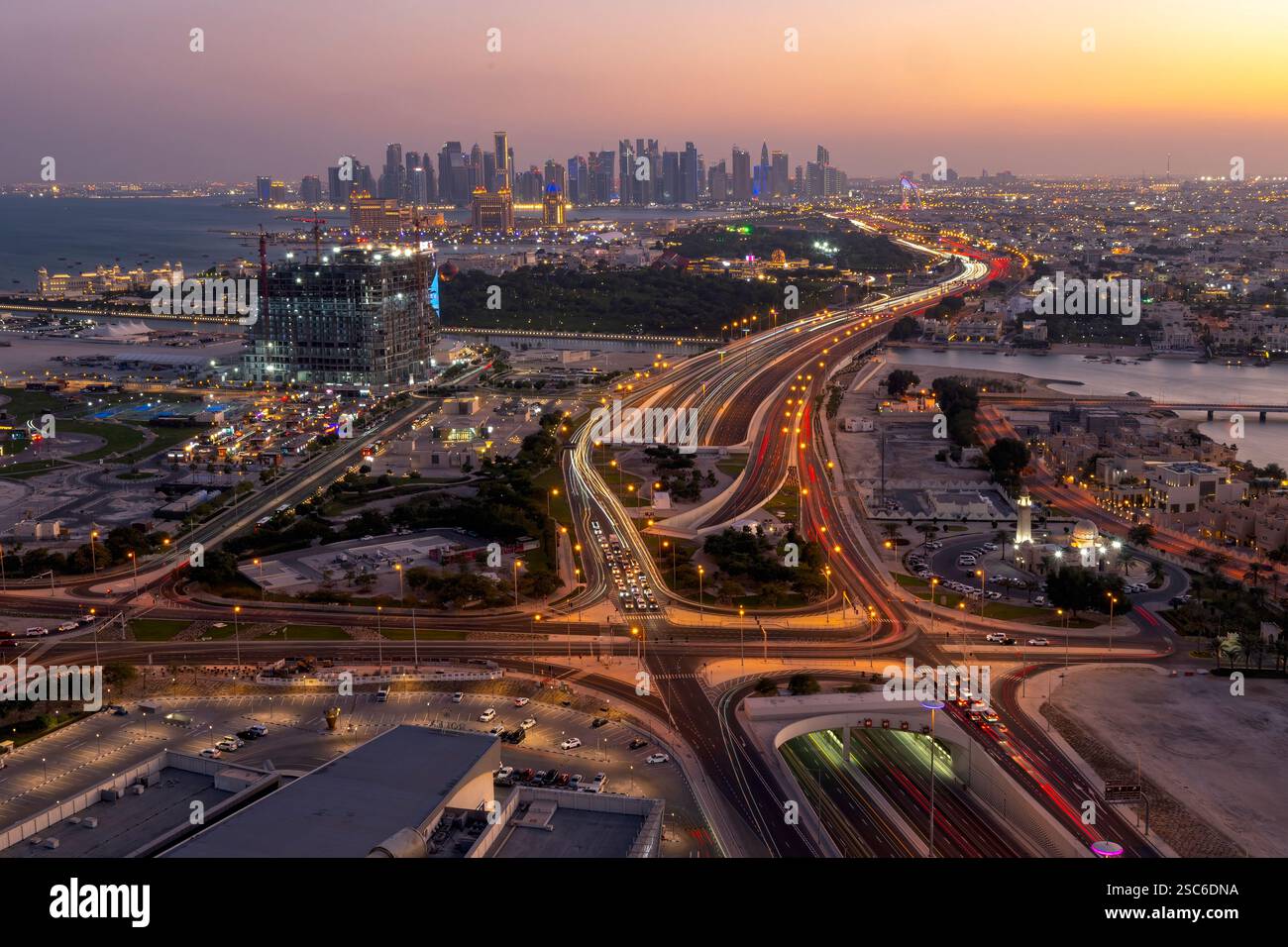Aerial View of Doha Skyline from Lusail. Katara Lusail express way Doha ...