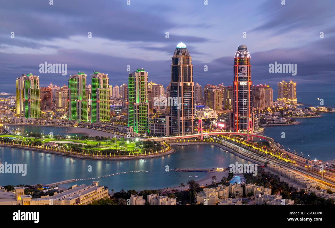 Doha, Qatar - January 10, 2025: Aerial view of pearl Qatar `porto ...