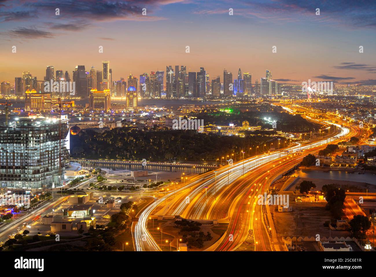 Aerial View of Doha Skyline from Lusail. Katara Lusail express way Doha ...