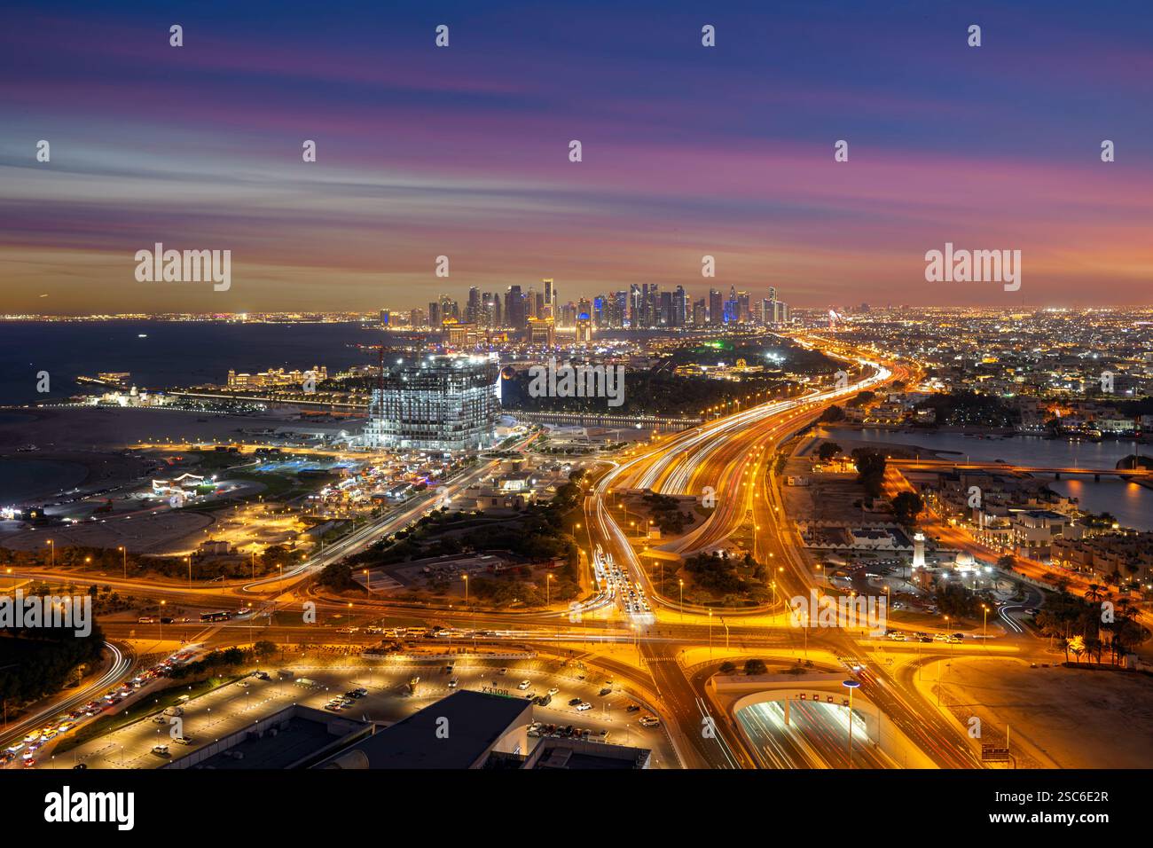 Aerial View of Doha Skyline from Lusail. Katara Lusail express way Doha ...