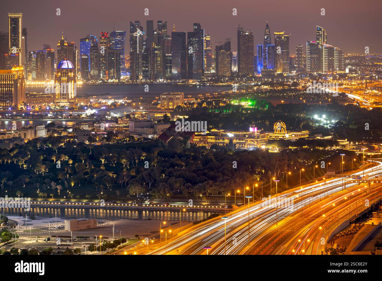 Panoramic aerail view of Lusail express way with Pearl Qatar Porto ...