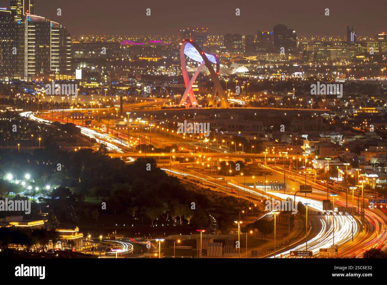 Aerial View of Doha Skyline from Lusail. Katara Lusail express way Doha ...