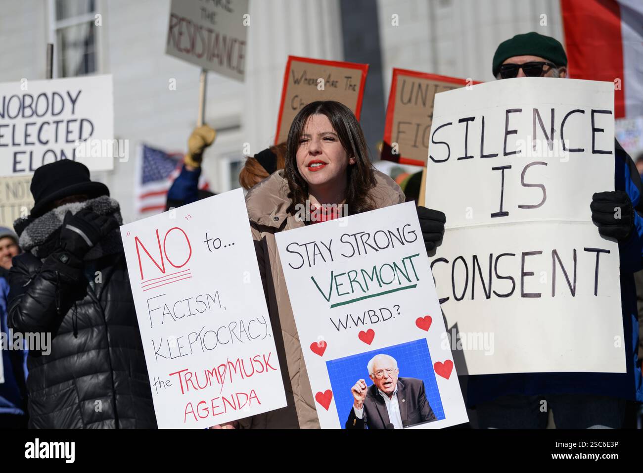 Montpelier, Vermont, USA, 5 February, 2025. Demonstrators at an anti ...