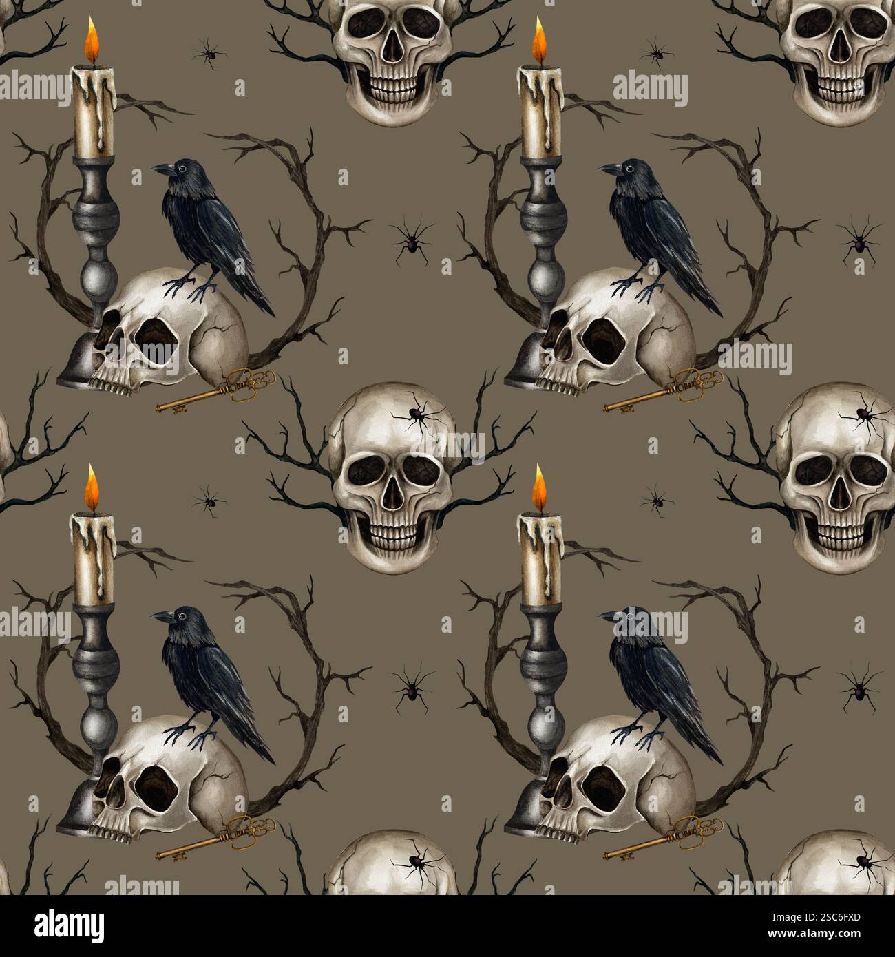 Halloween seamless pattern with raven on the skull, vintage candelabrum ...