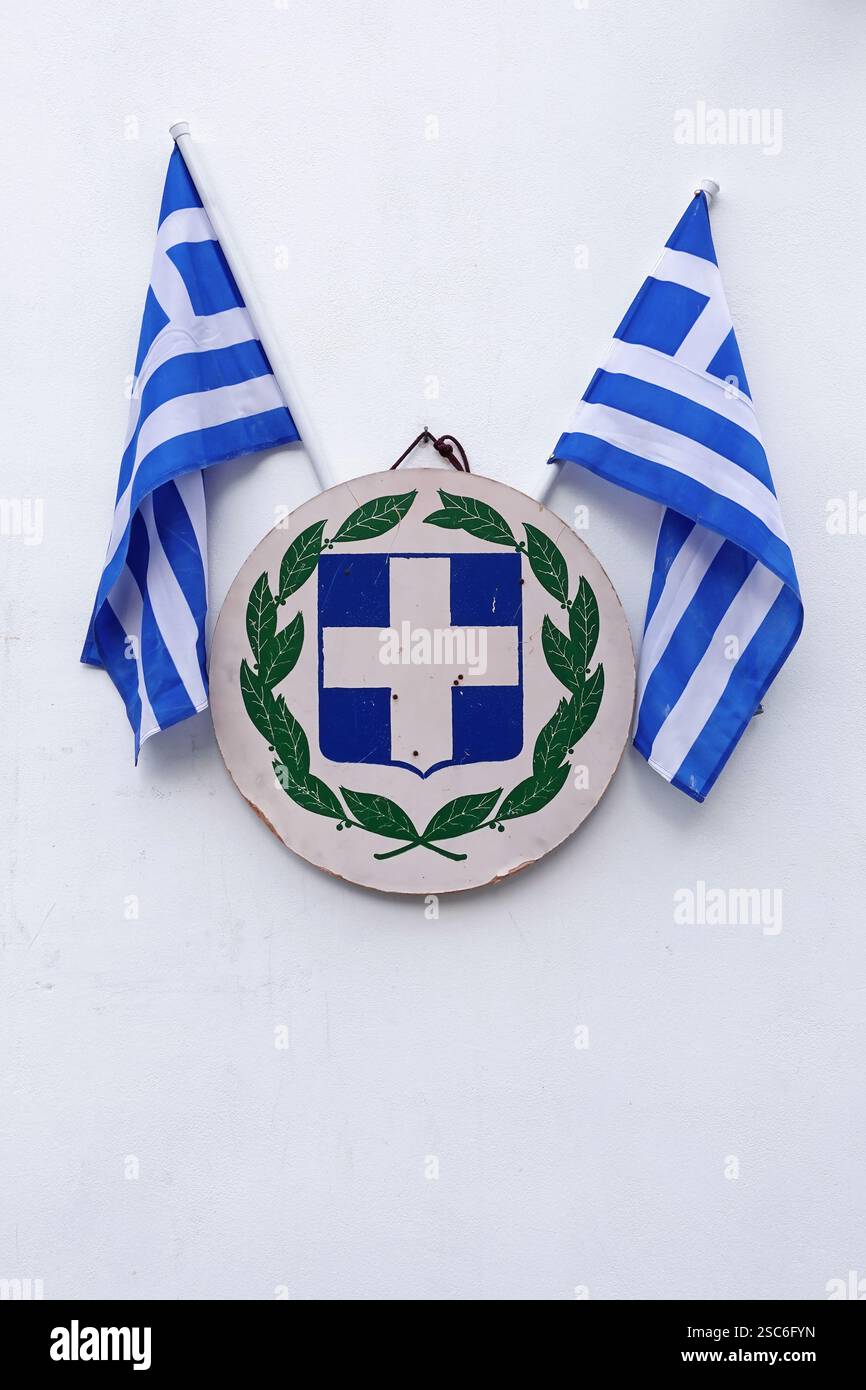 Greek flags and coat of arms national emblem with cross and laurel ...