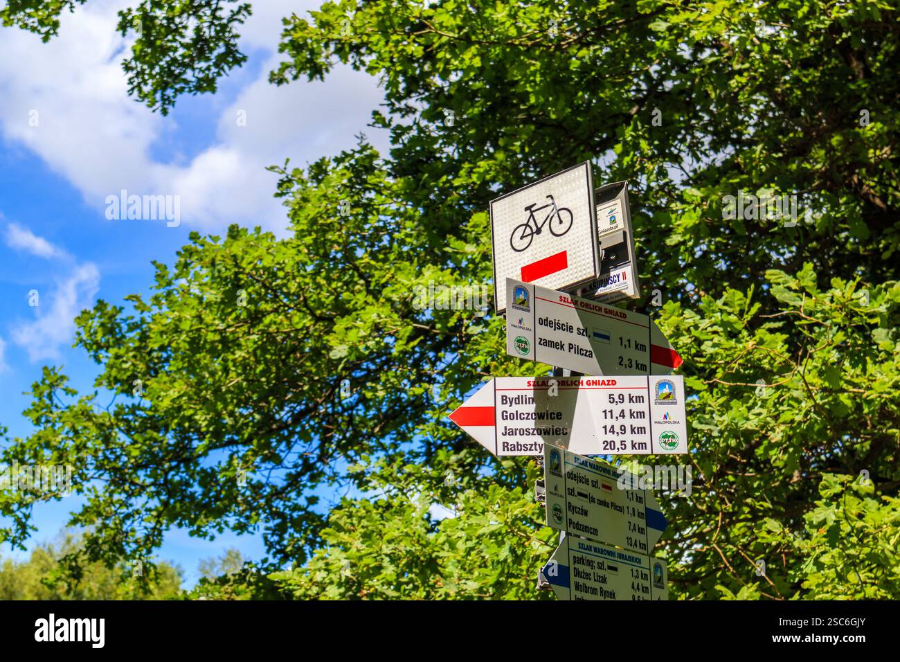 Sign with cycling and walking paths with directions and distances in ...