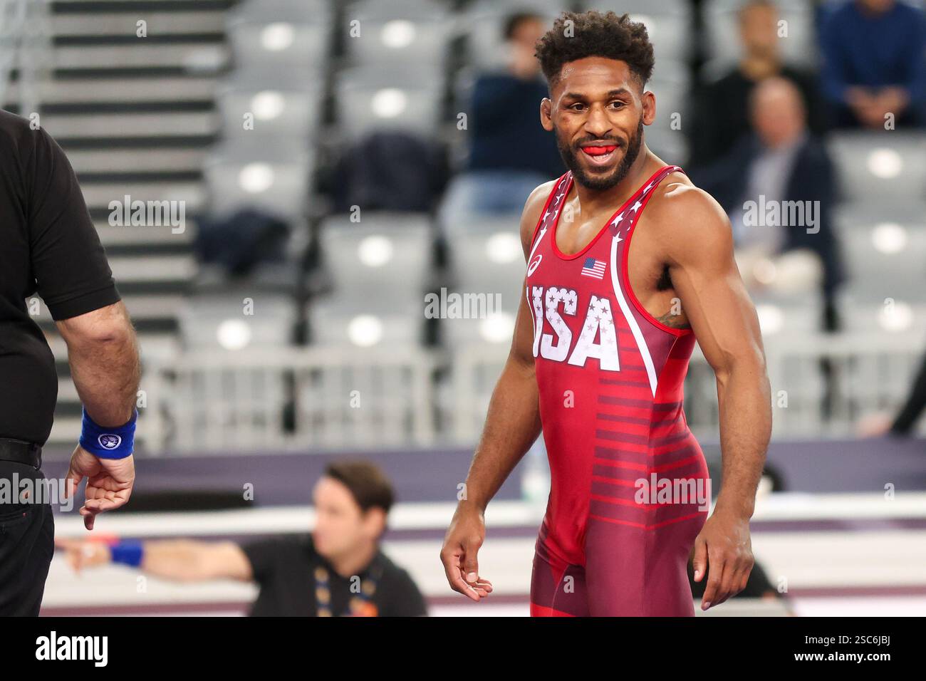 Zagreb, Hrvatska. 17th Jan, 2025. ZAGREB, CROATIA - FEBRUARY 5: Nahshon Aaron Garrett (red) of ...