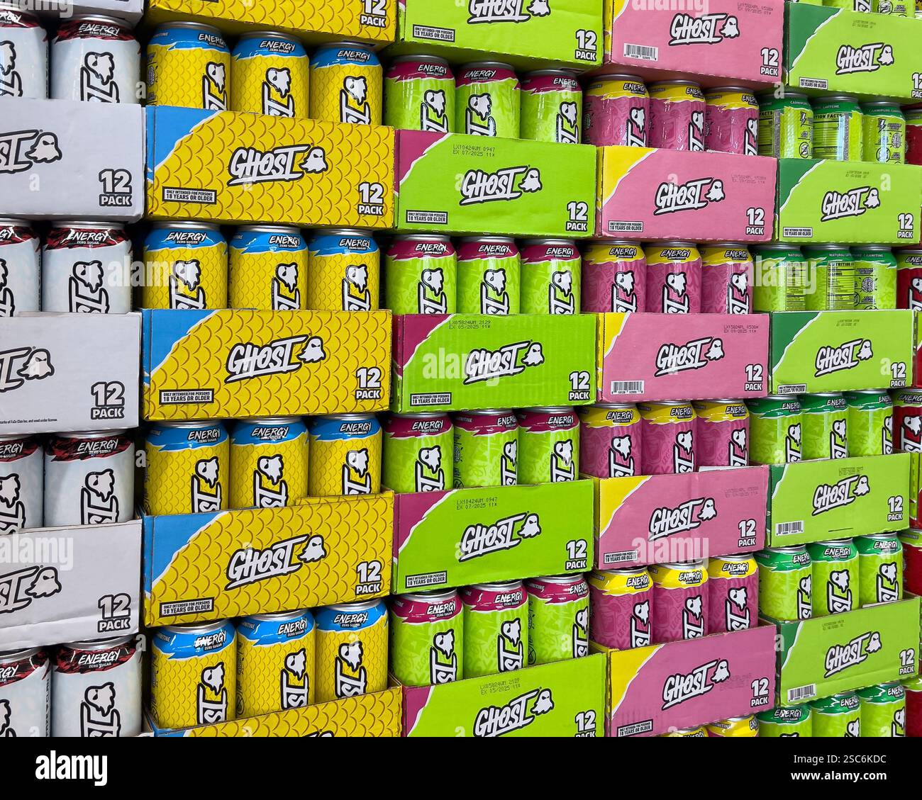 Cases of Ghost energy drinks in multiple flavors and colorful packaging ...