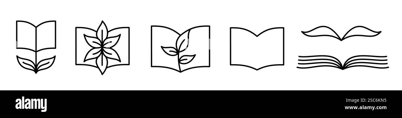 A set of minimalist vector logos featuring open book designs with ...