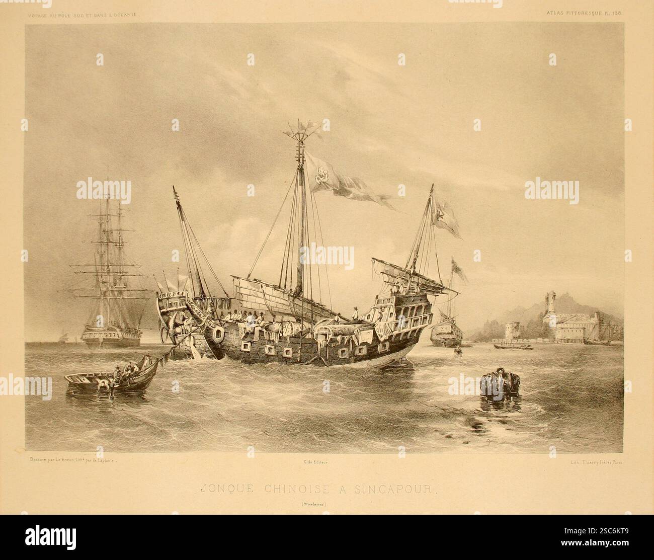 Chinese junk in Singapore. Vintage lithograph of artwork by Louis ...