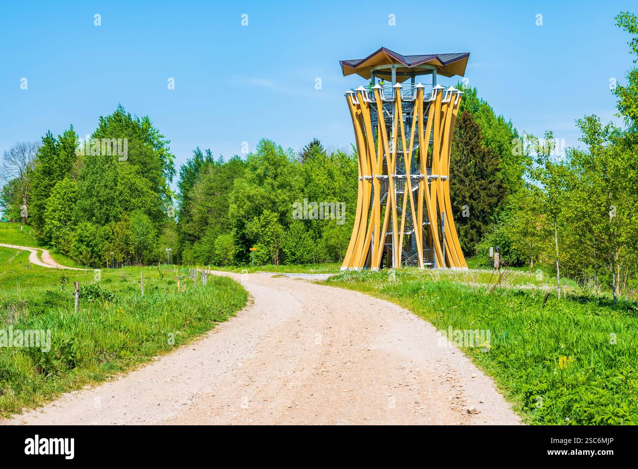 Wooden observation tower along rural road in Suwalski Landscape Park ...