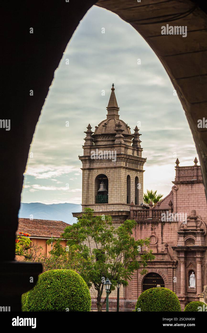 Cathedral's tower from arch at Huamanga Main Square - Ayacucho, Peru ...