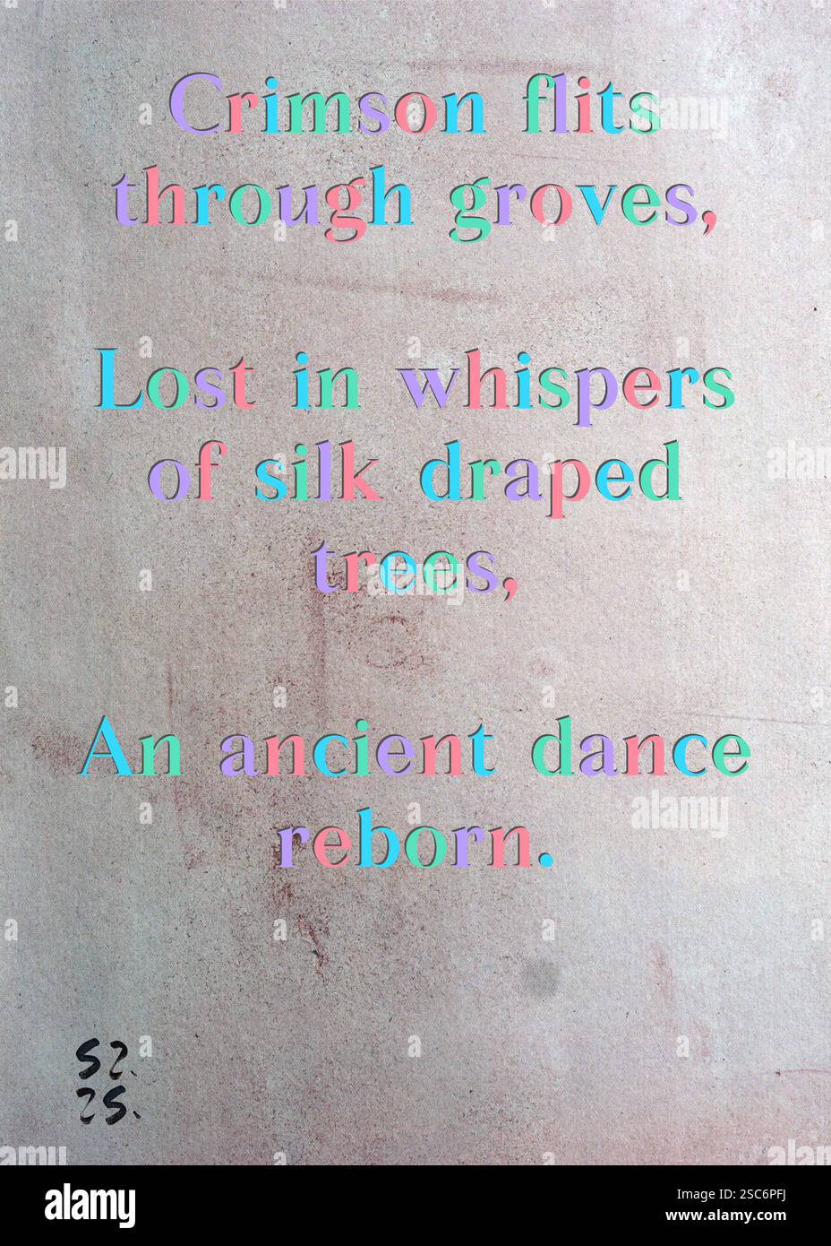 Crimson flits through groves, Lost in whispers of silk draped trees, An ...