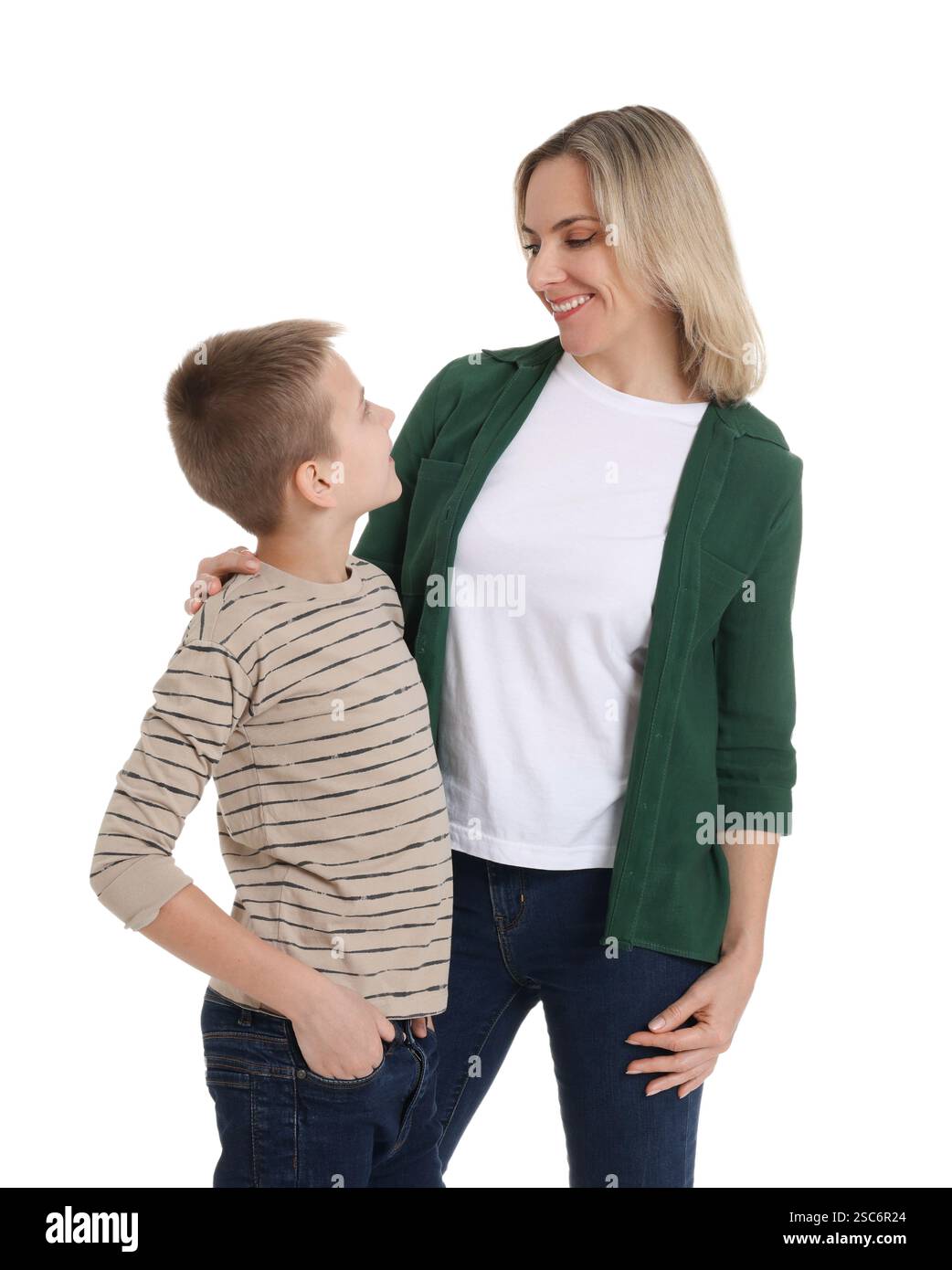 Happy mother and son on white background Stock Photo - Alamy
