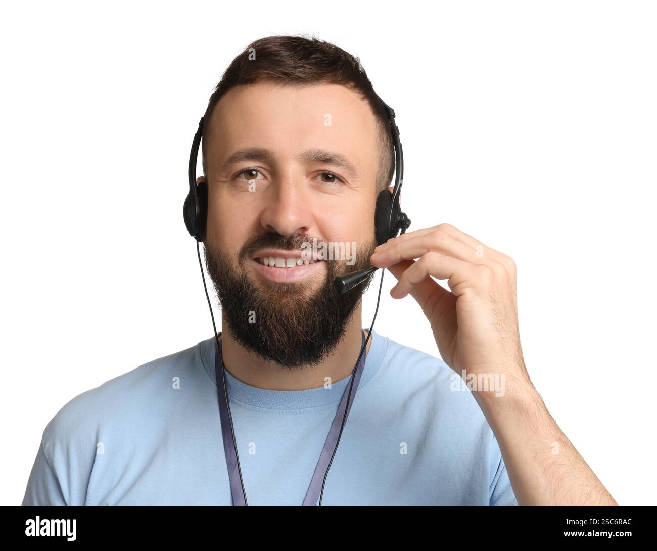Technical support call center. Portrait of smiling operator on white ...
