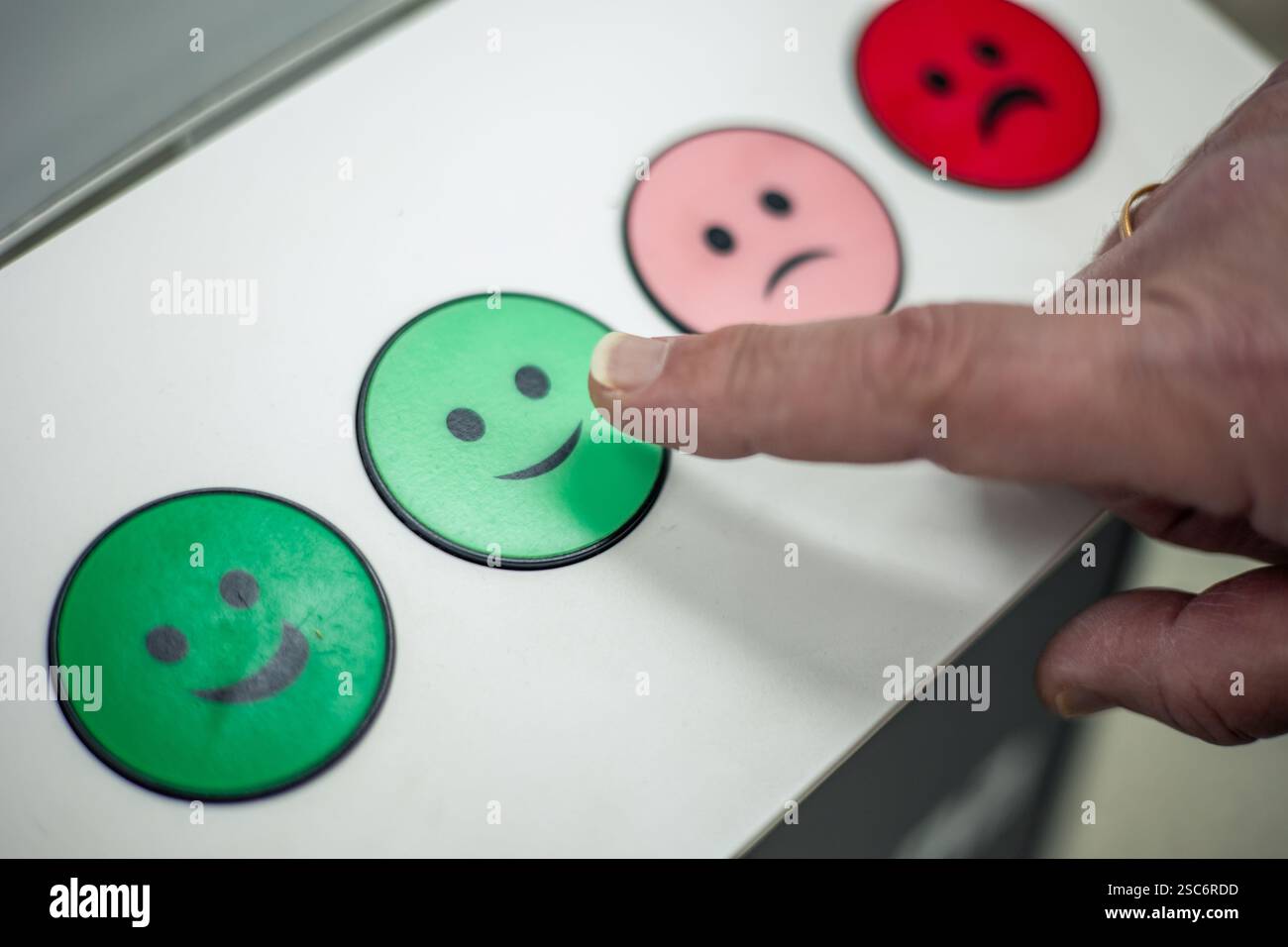 Hand pressing a green button with a smiling face on a customer ...