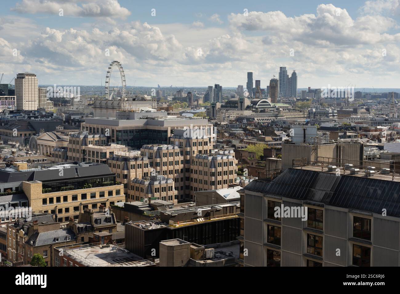 High-angle view of London's skyline, centered on the London Eye and ...