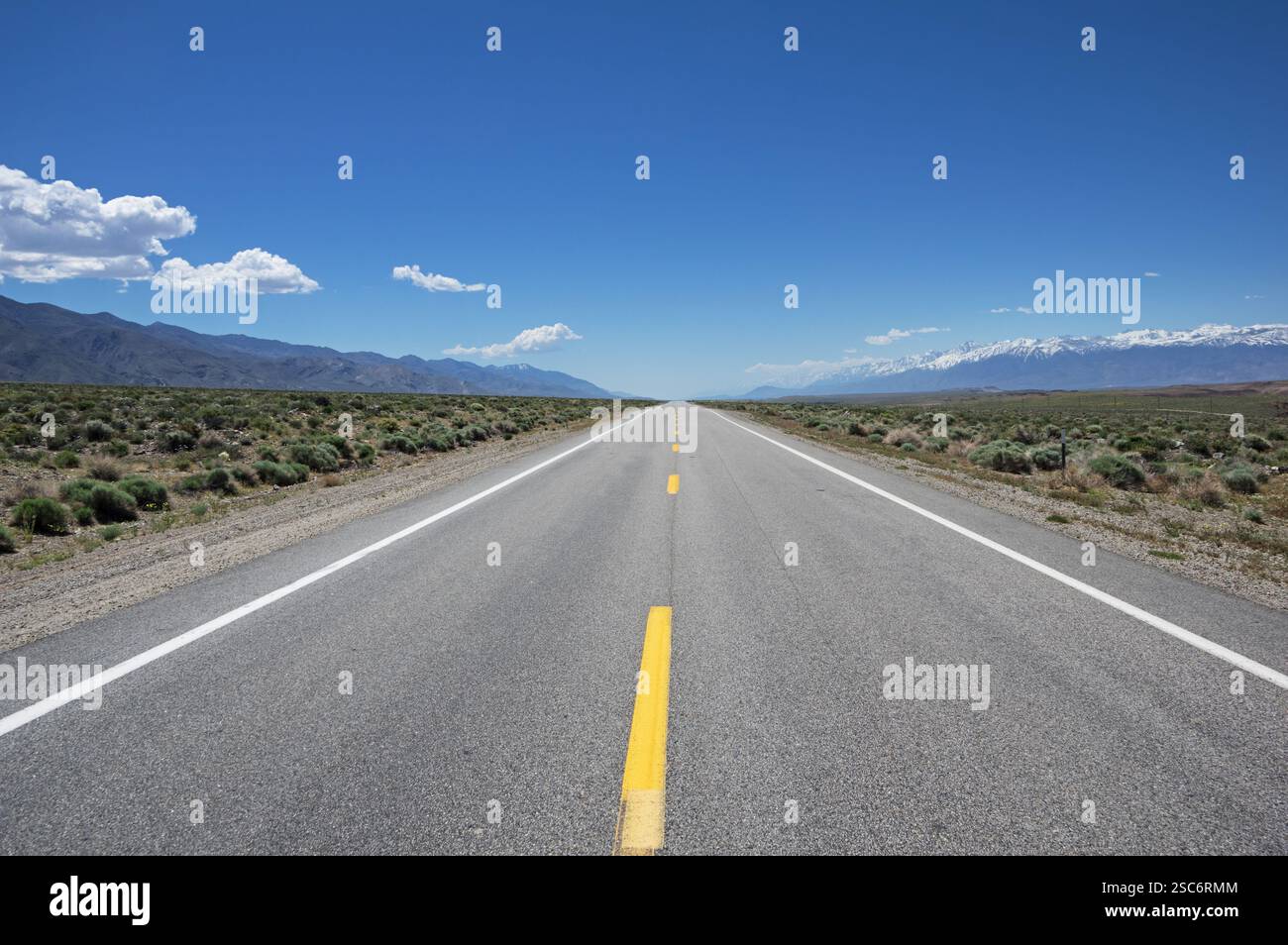 empty highway 6 runs south in the Owens Valley between the White Mountains and the Sierra Nevada ...