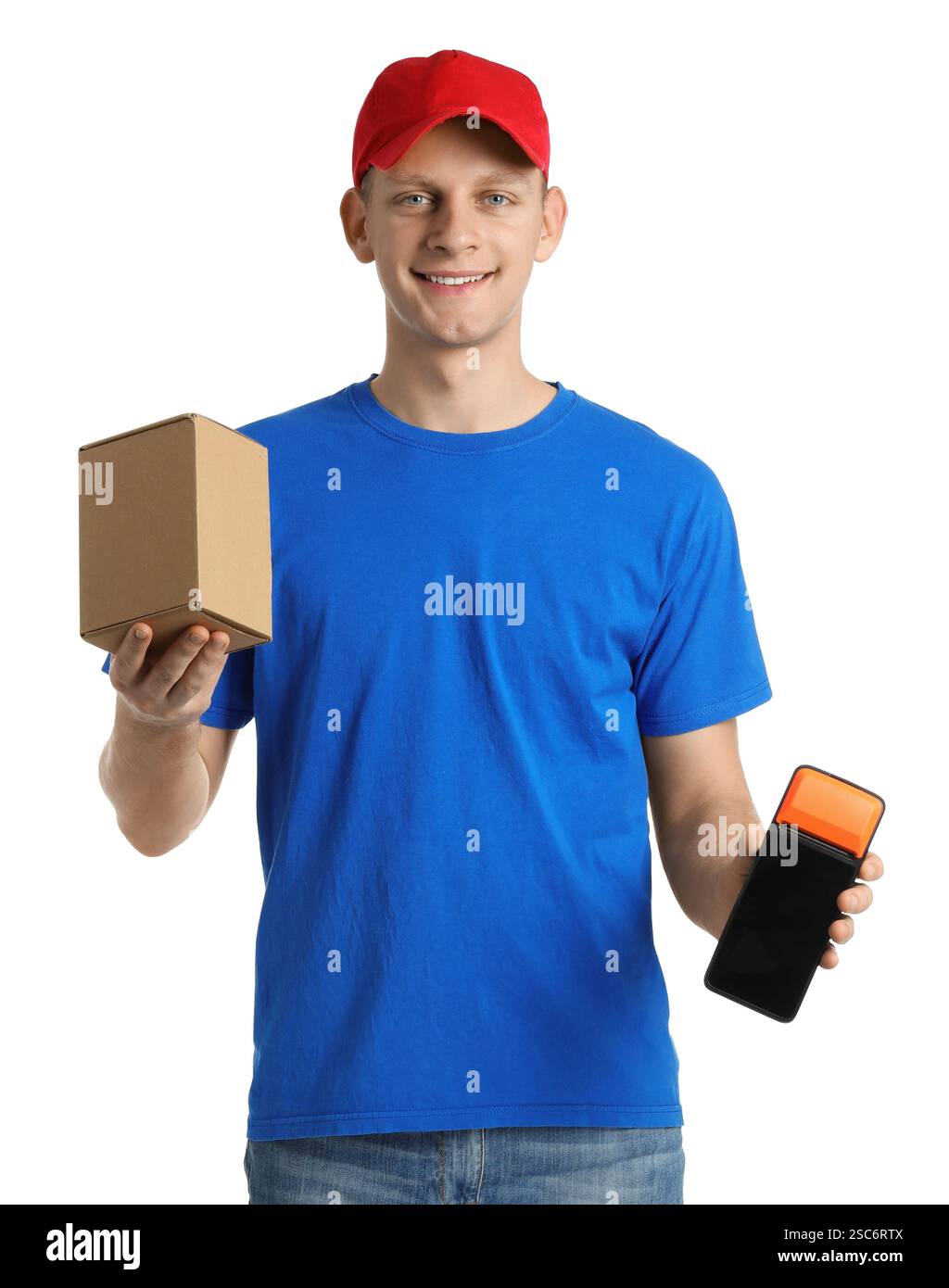 Happy courier with payment terminal and parcel on white background ...