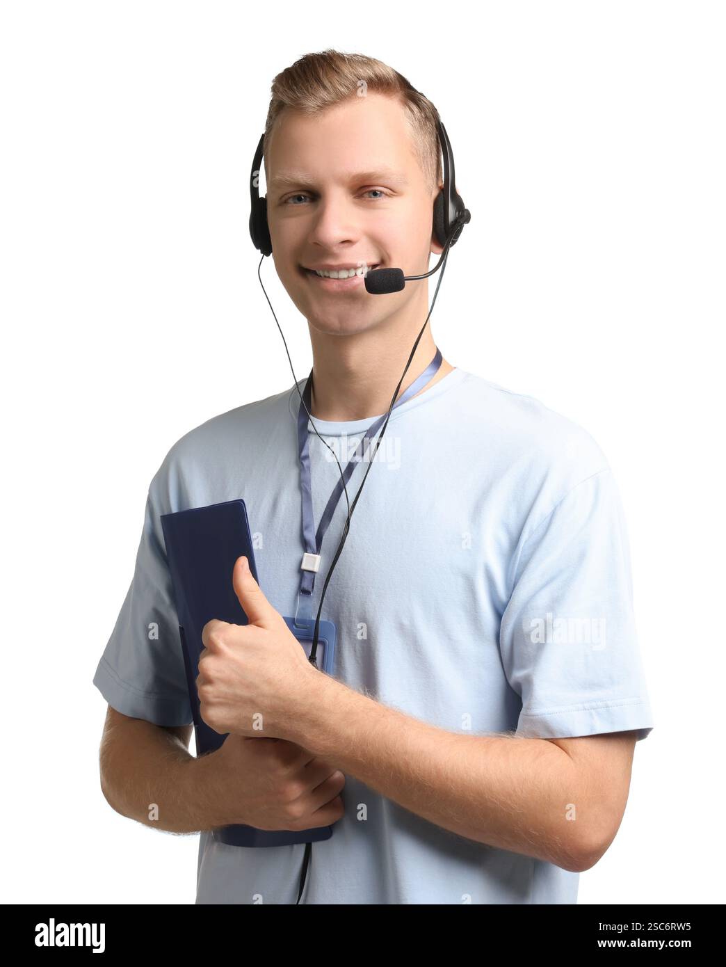 Technical support call center. Smiling operator with folder on white ...