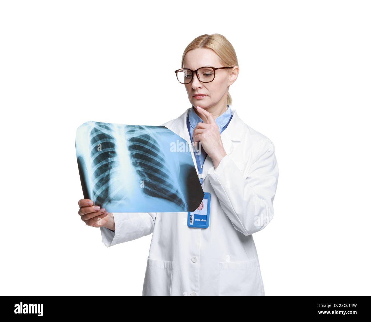 Doctor examining chest x-ray on white background Stock Photo - Alamy