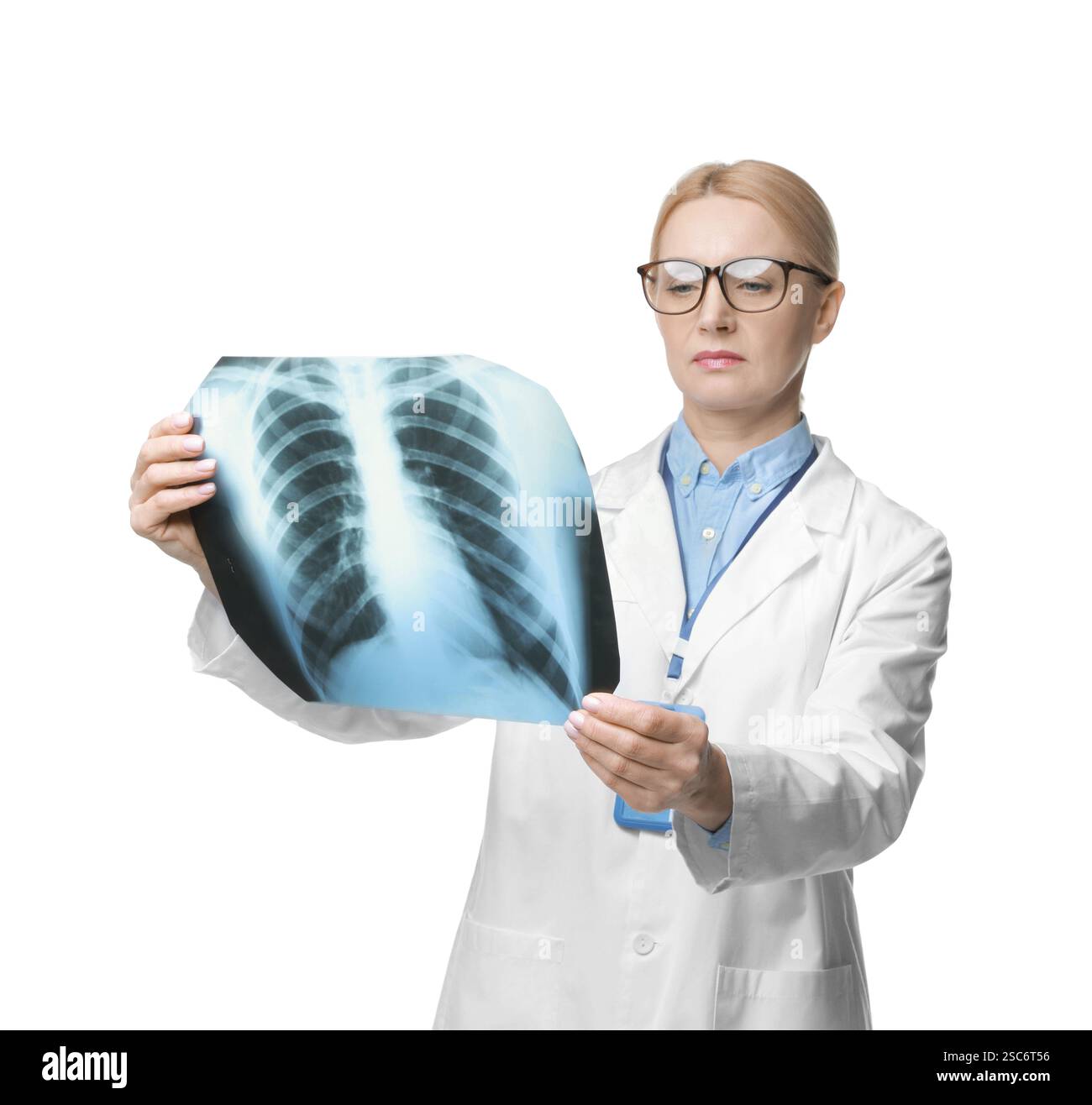 Doctor examining chest x-ray on white background Stock Photo - Alamy