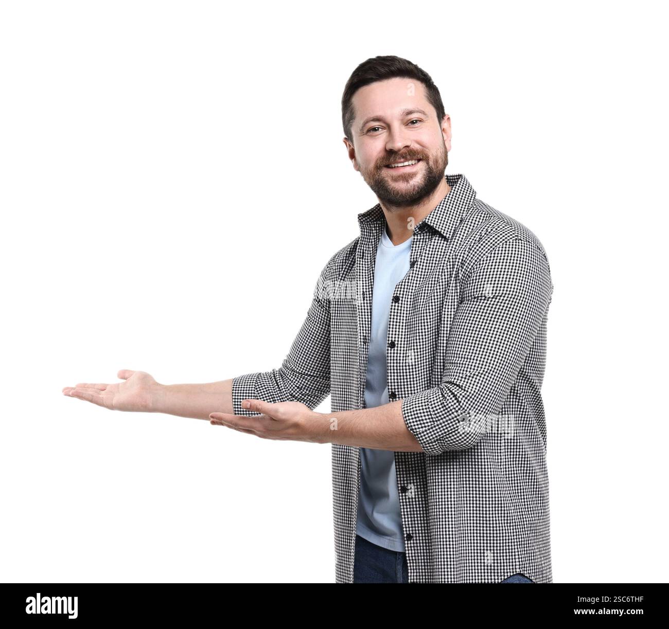 Happy man welcoming friends or guests on white background Stock Photo ...