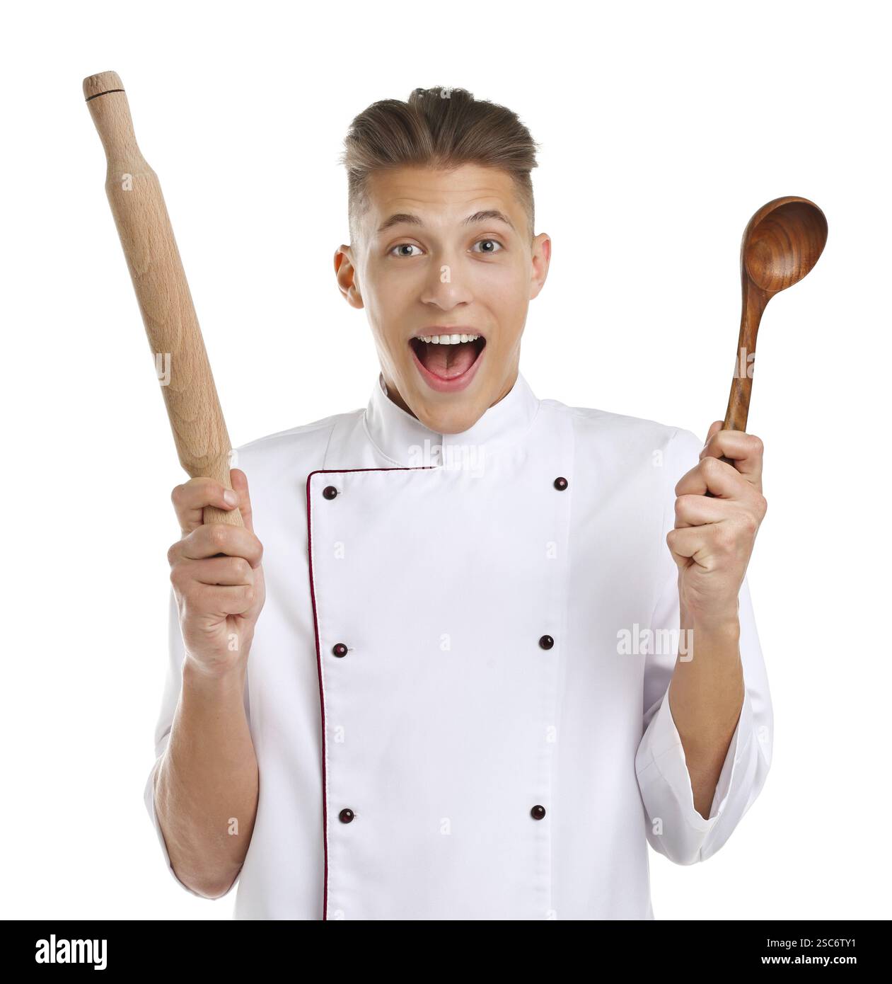 Excited chef with rolling pin and ladle on white background Stock Photo ...