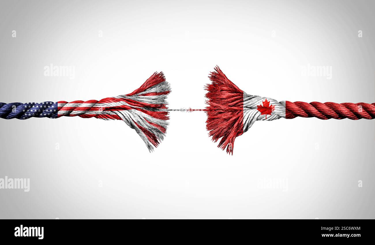 Canada US crisis concept as a Broken Rope stretched with force and ...