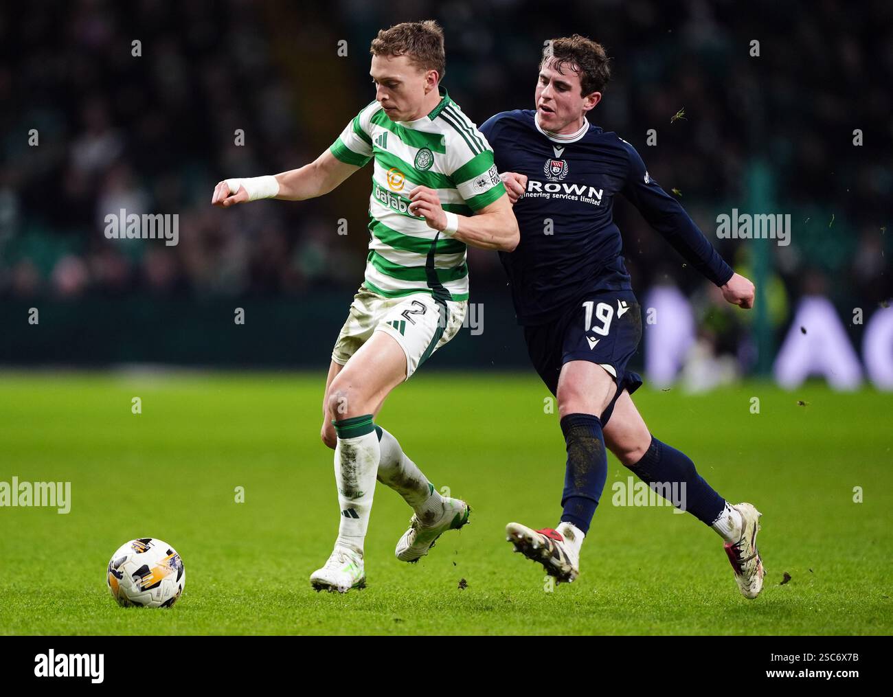 Celtic's Alistair Johnston and Dundee's Finlay Robertson (right) during ...