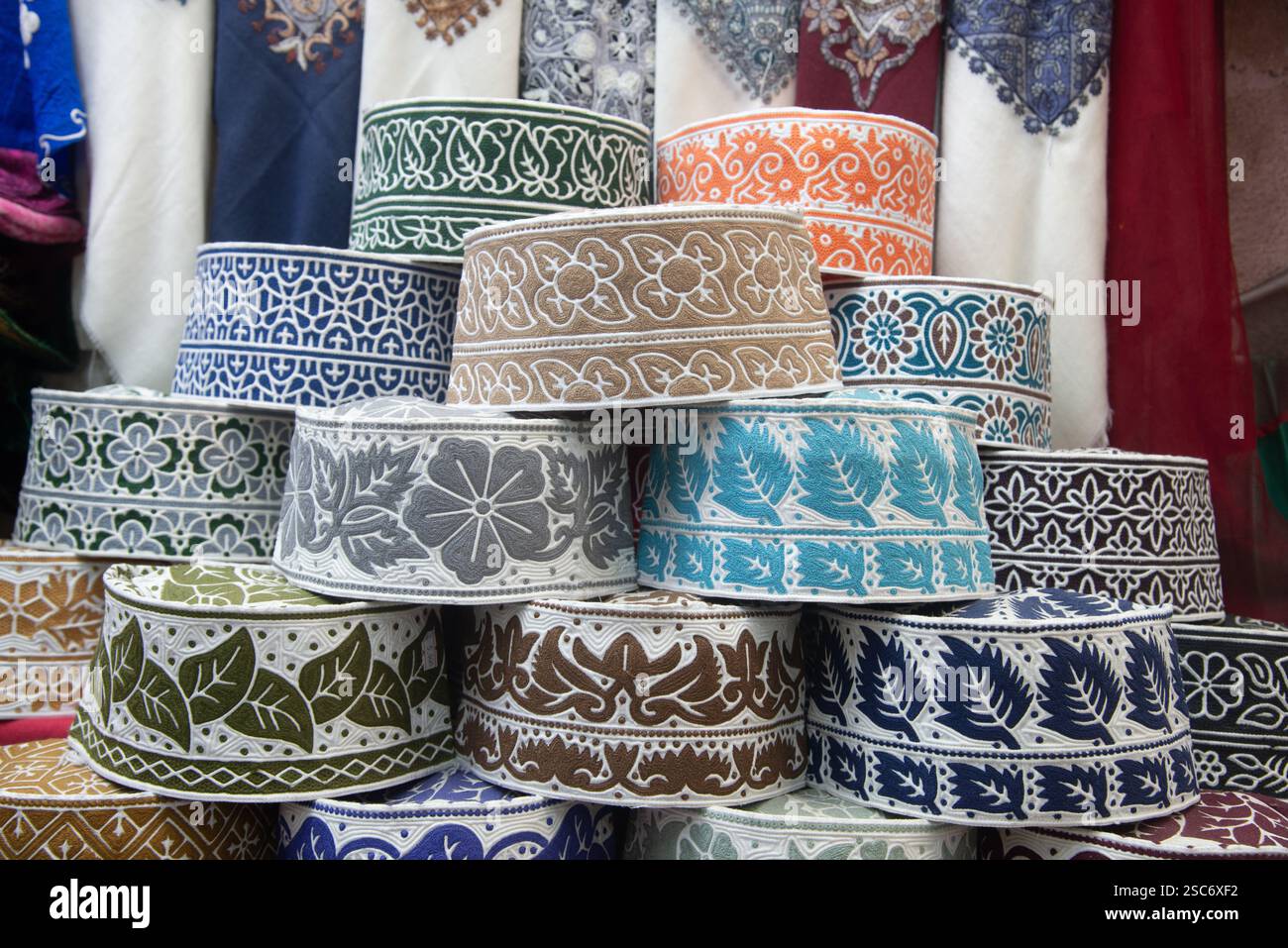typical Omani traditional caps or kumma for men in shop in Oman Stock ...
