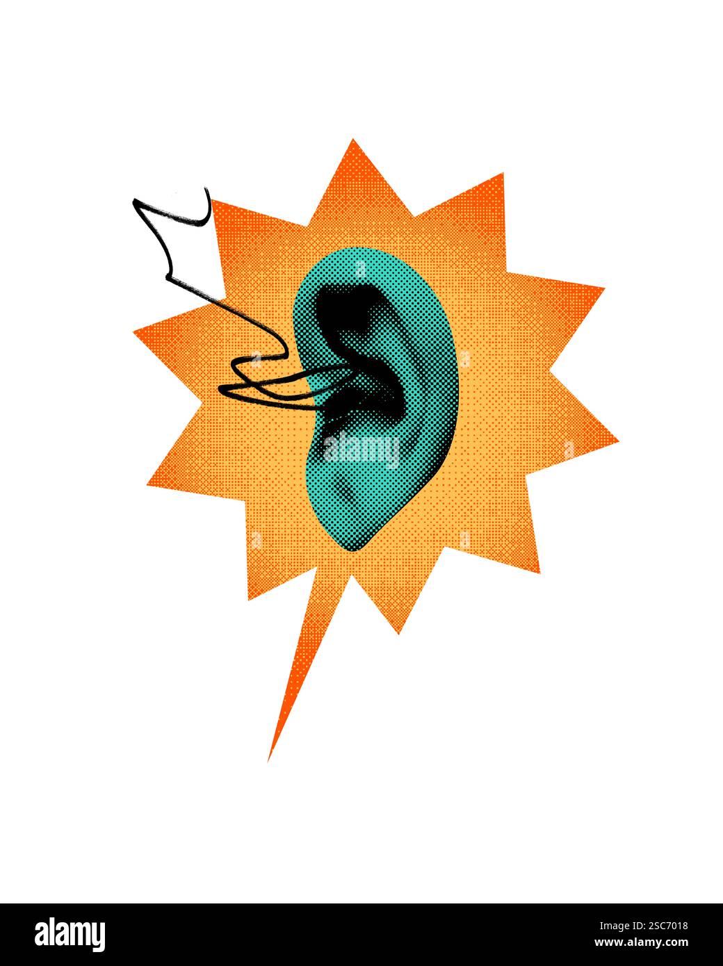 Abstract art collage. Whisper. Sound waves enter ear within explosion ...