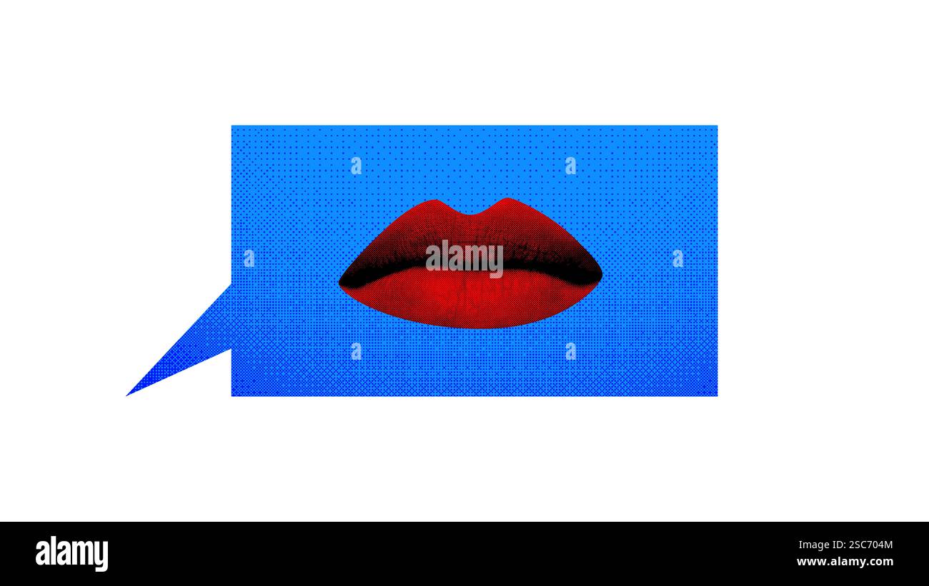 Abstract art collage. Statement. Pair of red lips inside blue speech ...