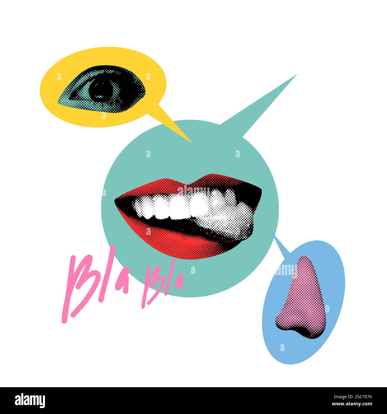 Abstract art collage. Blabla Sphere. Lips, nose, and eye in speech ...
