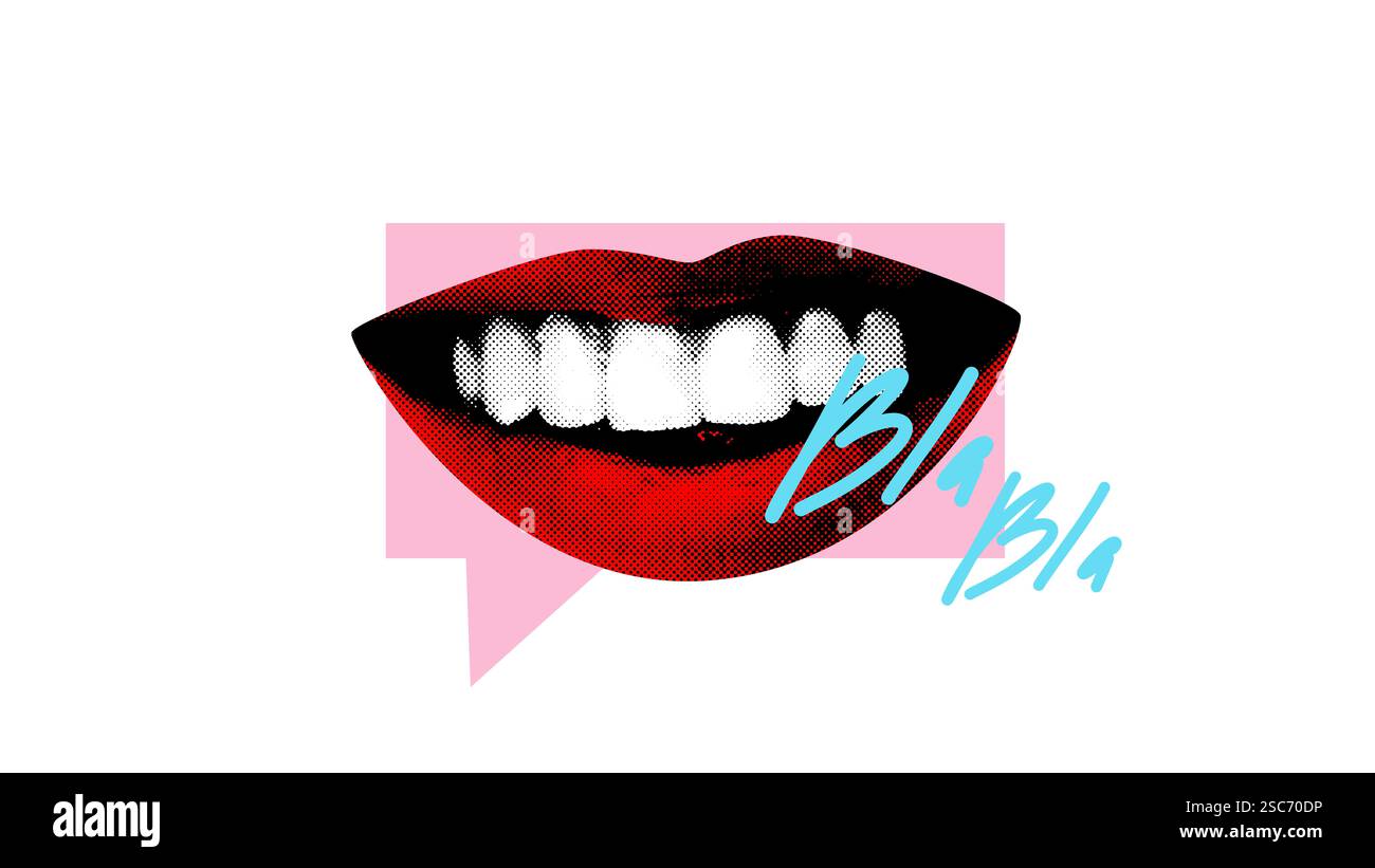 Abstract art collage. Loud Opinion. Close-up of lips inside pink speech ...