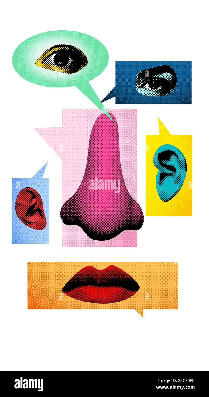 Abstract art collage. Sensation. Enlarged nose surrounded by speech ...
