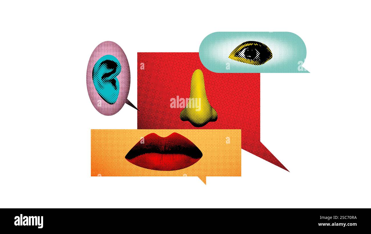 Abstract art collage. Interaction. Combination of eyes, ears, mouth ...