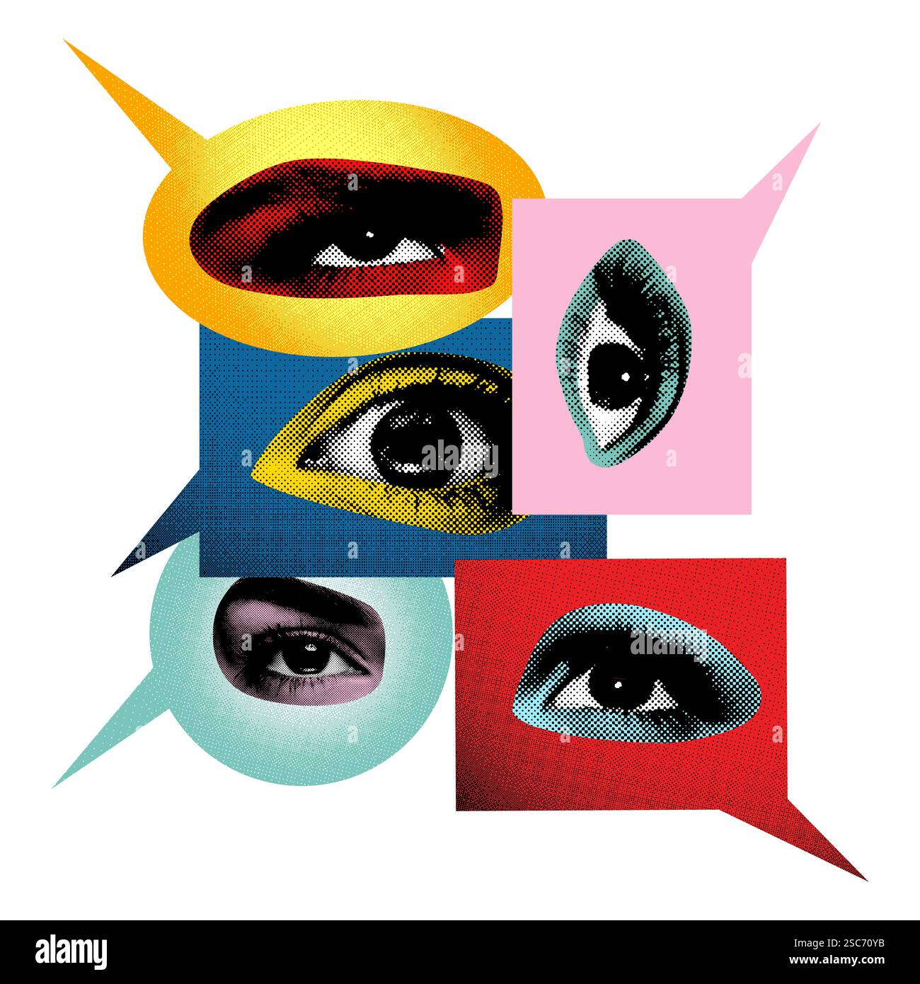 Abstract art collage. Multiple eyes in speech bubbles depict ...