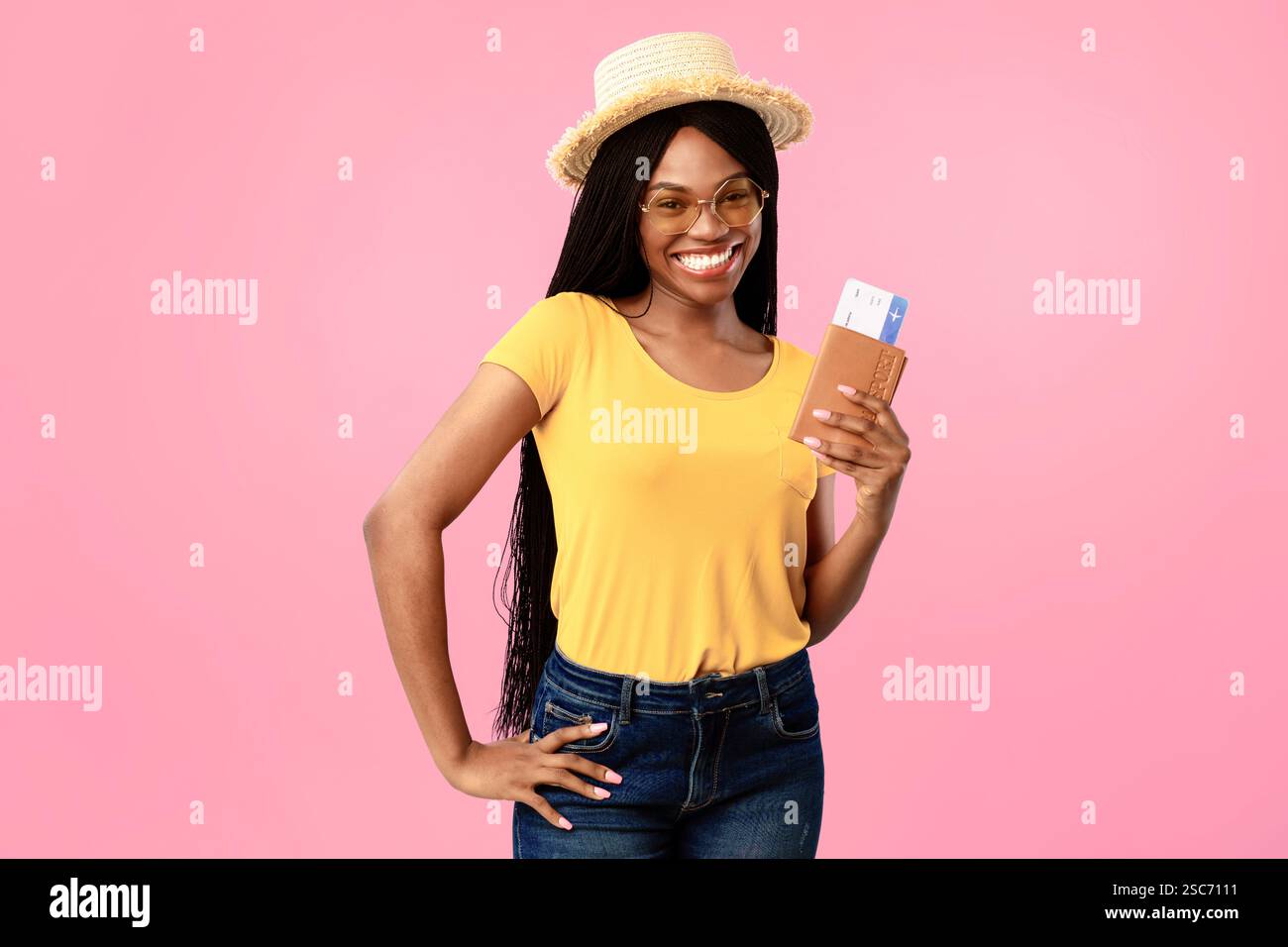 Cheerful Black Lady Tourist Holding Tickets And Passport, Blue ...