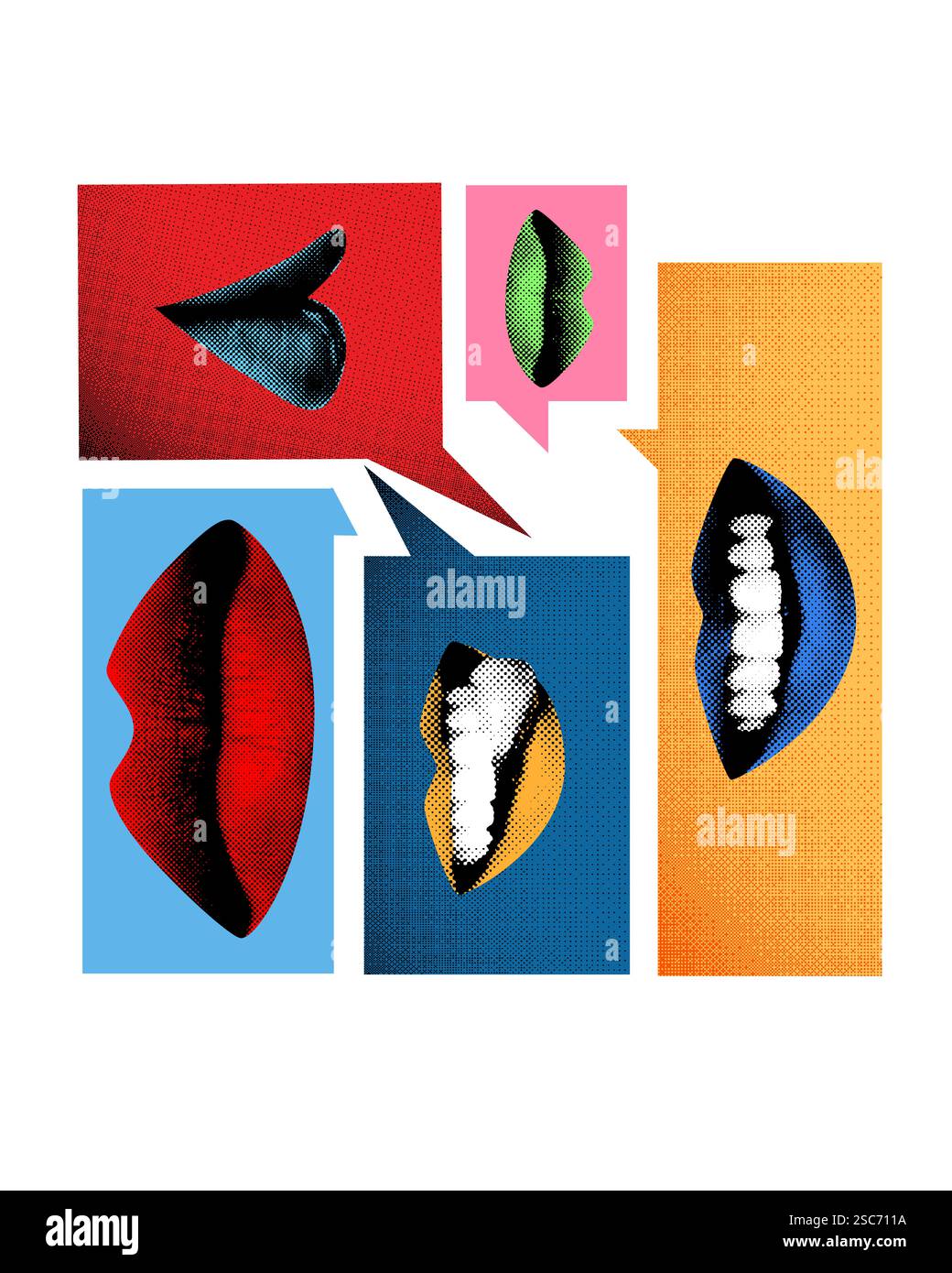 Abstract art collage. Lips in speech bubbles with contrasting ...