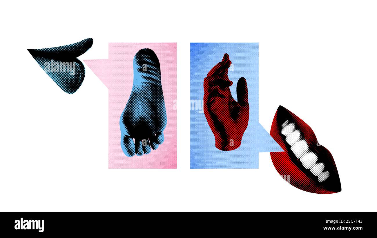 Abstract art collage. Speech bubbles containing lips, foot, and hand ...