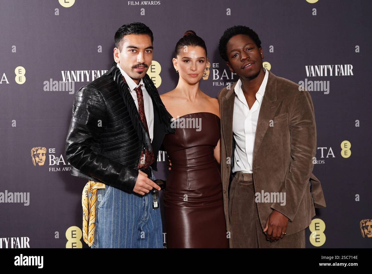 (left to right) Nabhaan Rizwan, Marisa Abela, and David Jonsson attending the Vanity Fair EE ...