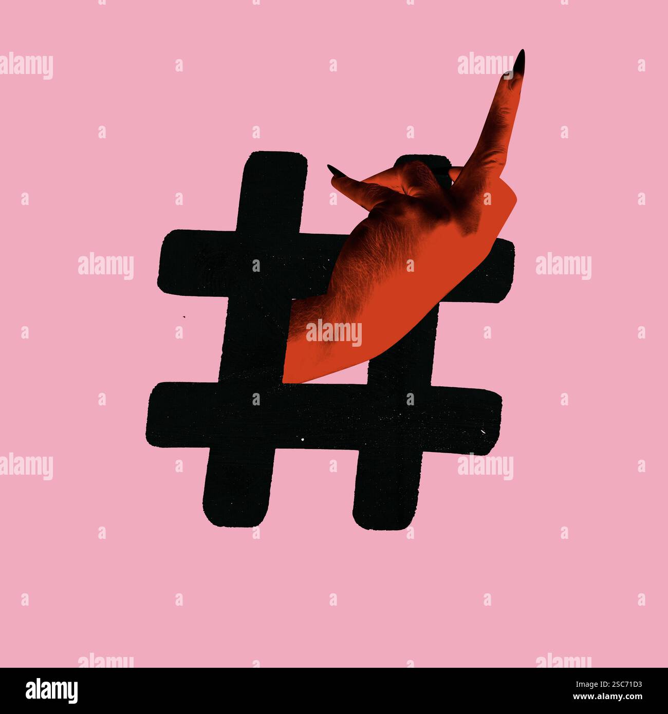 Contemporary artwork. Hand making gesture behind hashtag symbolizing ...