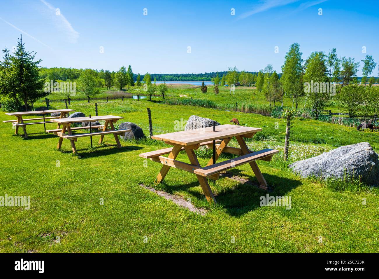 Wooden tables of a bar in Wigry National Park, Podlasie, Poland Stock ...