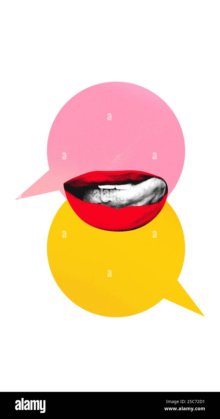 Contemporary art collage. Red lips between pink and yellow speech ...