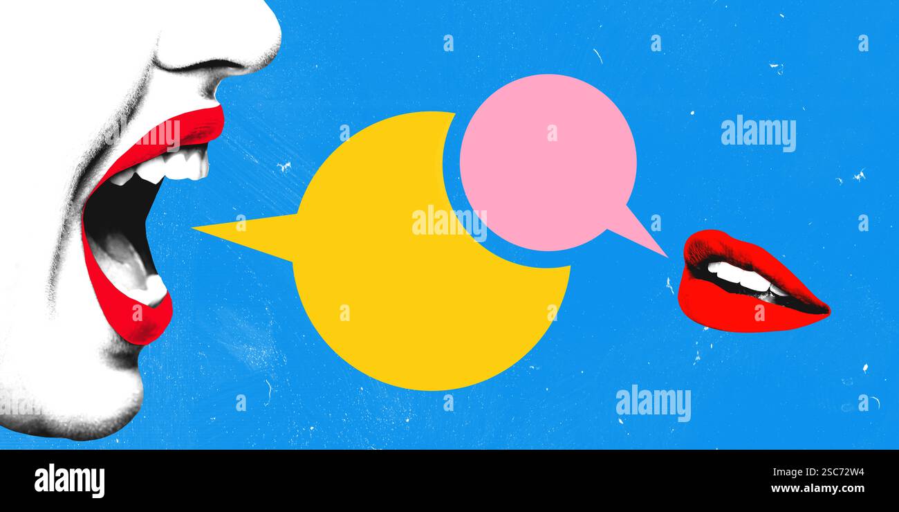 Contemporary art collage. Two red lips engage in dialogue through overlapping speech bubbles ...